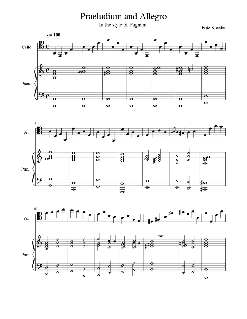Kreisler - Praeludium and Allegro (Cello) Sheet music for Piano, Cello ...