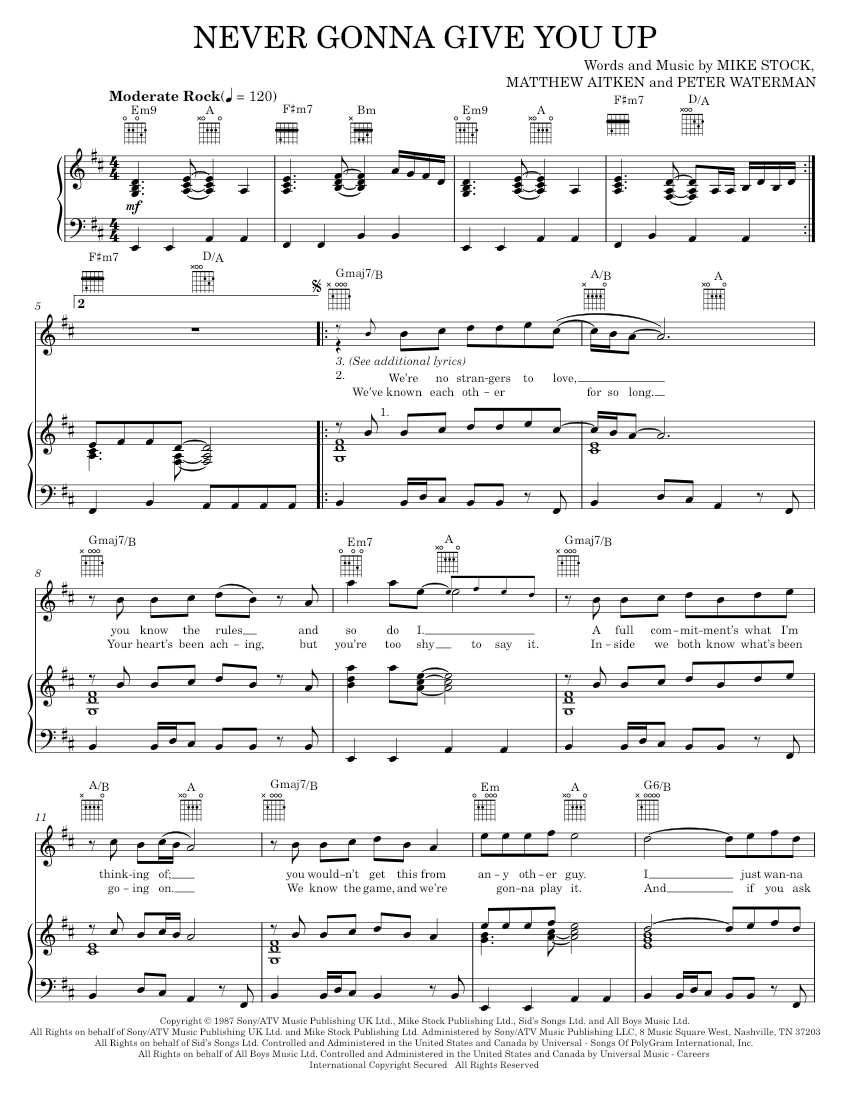 Play Official version of Never Gonna Give You Up sheet music by Rick ...