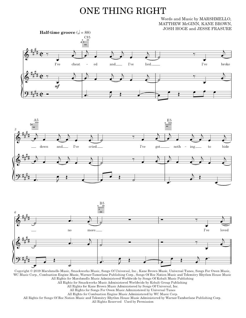 Play Official version of One thing right sheet music by Marshmello for ...