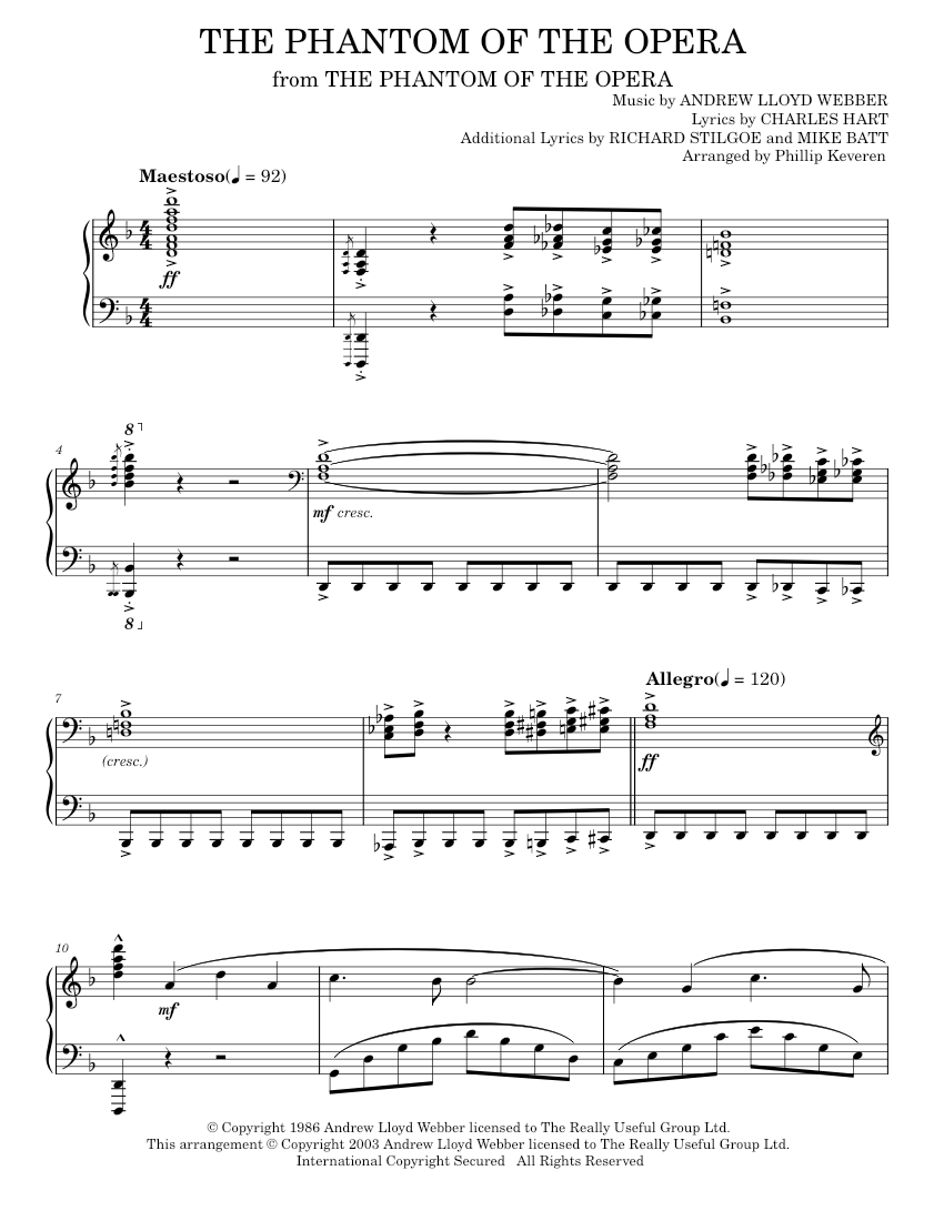 the phantom of the opera Sheet music for Piano by Andrew Lloyd Webber ...