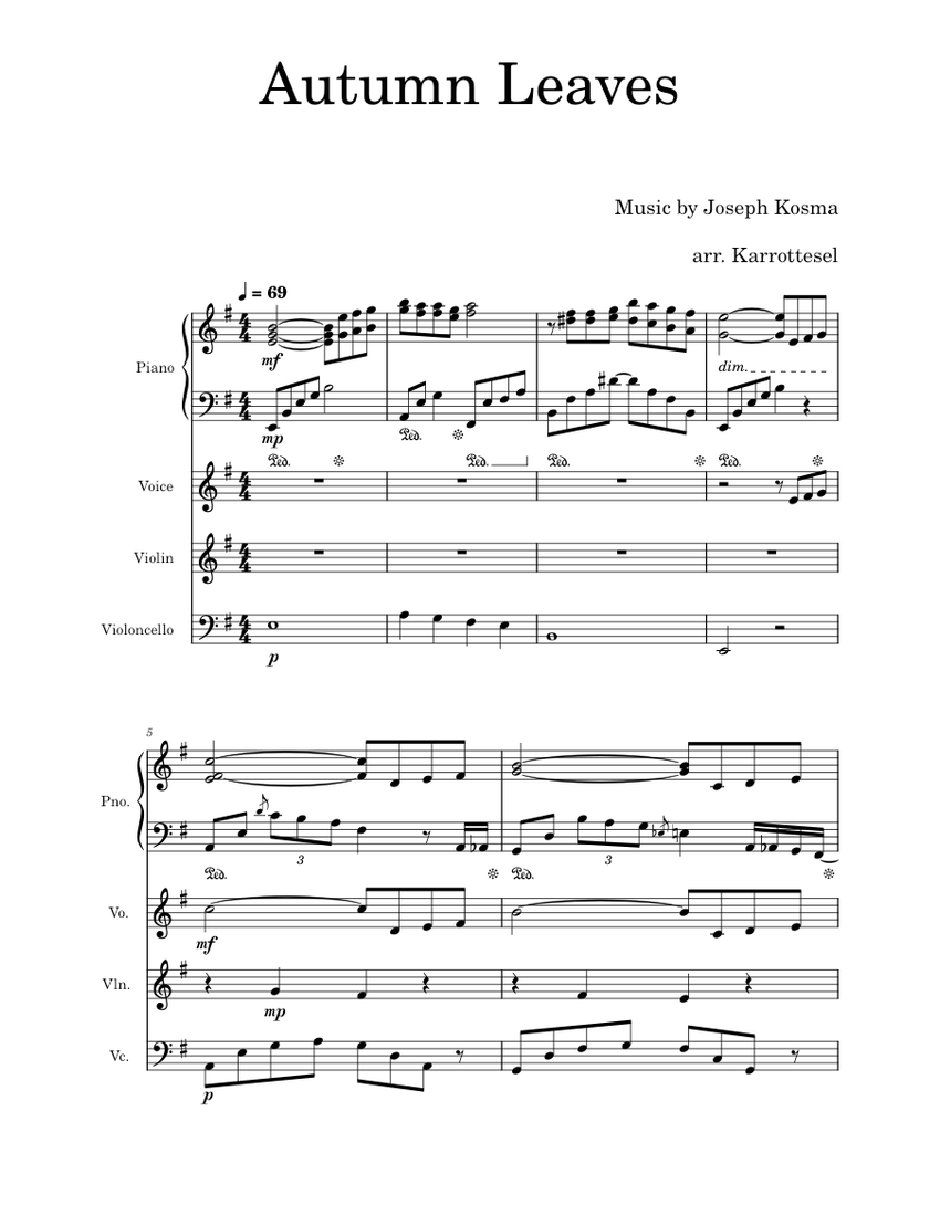 Autumn leaves – Joseph Kosma Sheet music for Piano, Vocals, Violin ...
