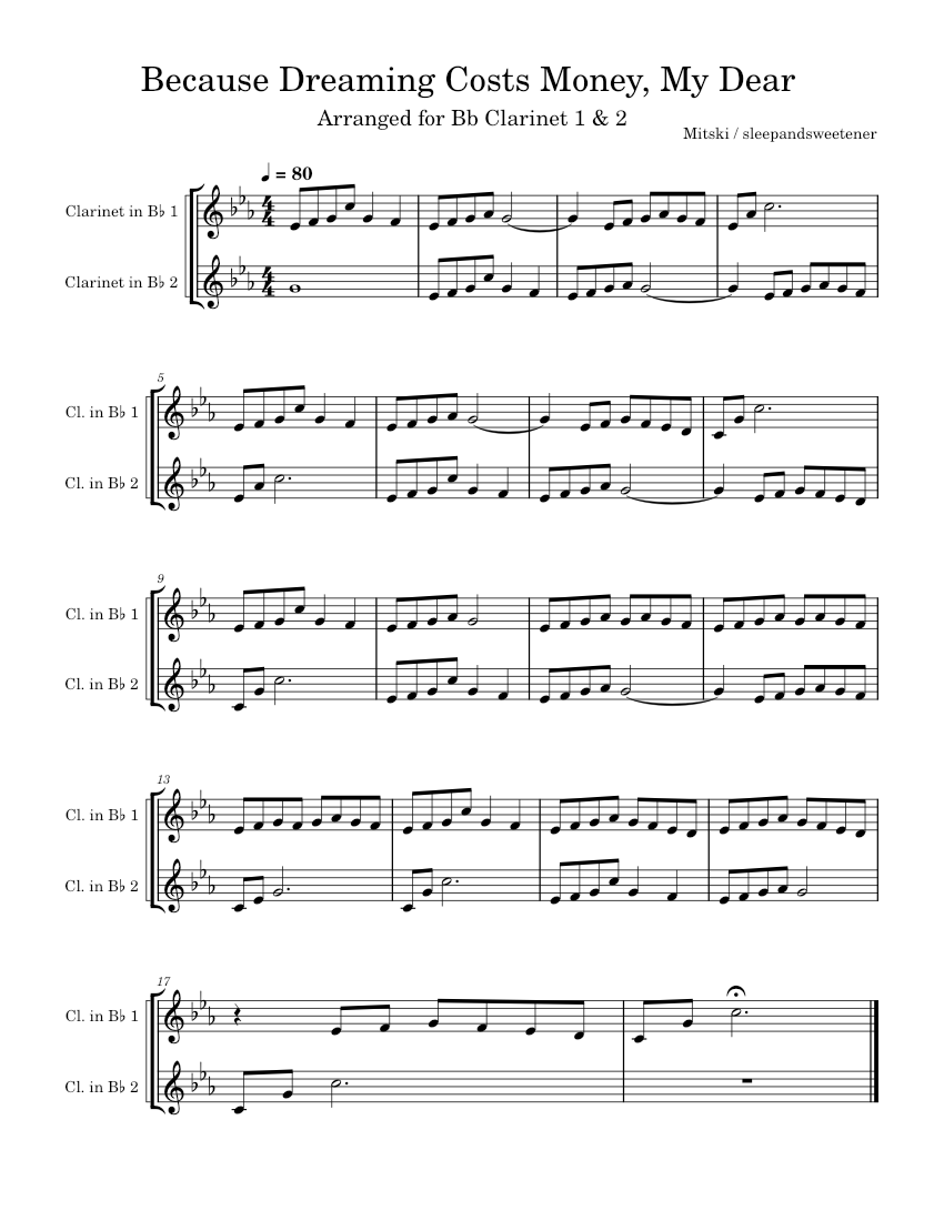 Because Dreaming Costs Money, My Dear – Mitski Sheet music for Clarinet ...