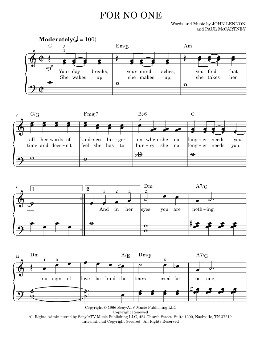 Play Official version of For no one Sheet Music by The Beatles for ...