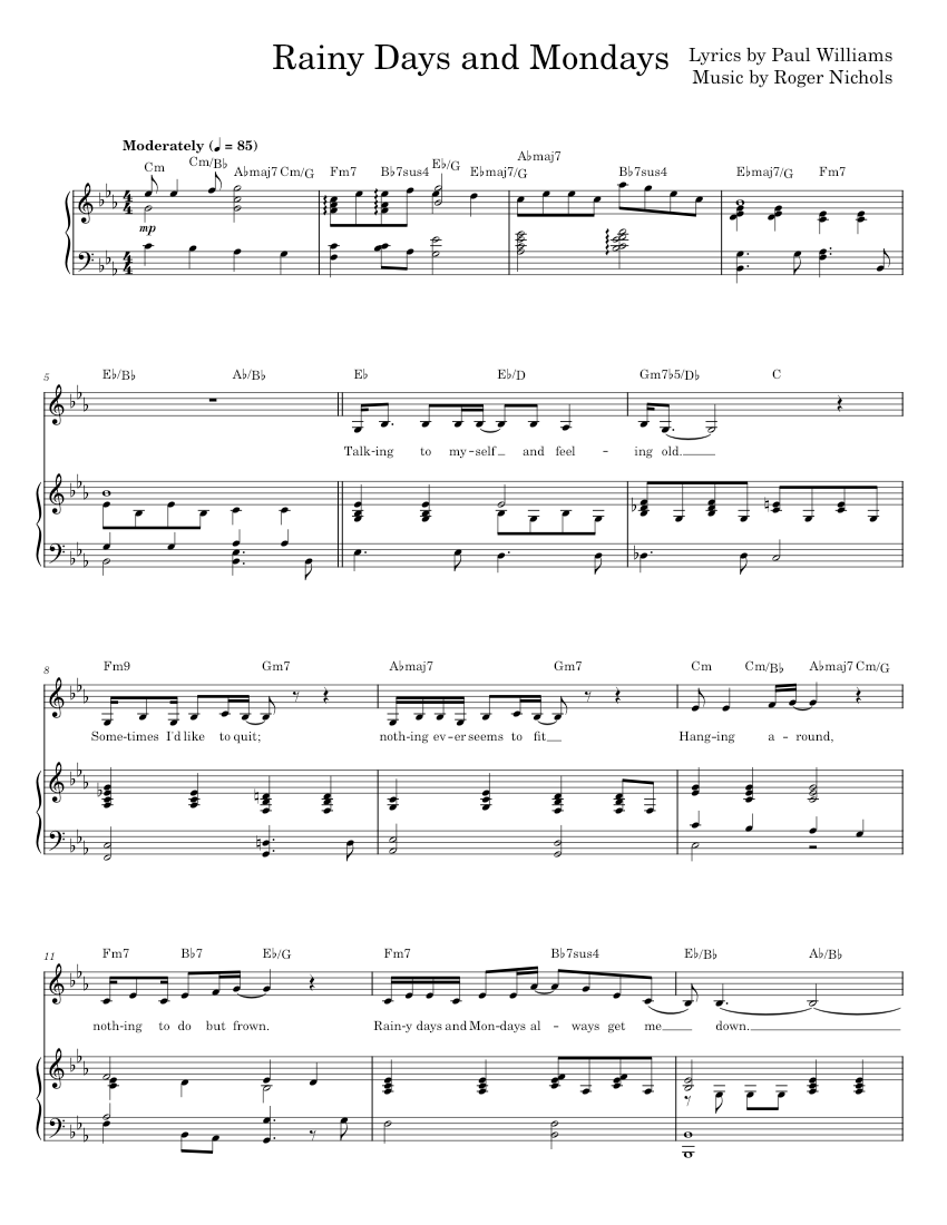 Rainy days and mondays - Paul Williams Sheet Music with Chords for Piano, Synthesizer (Mixed ...