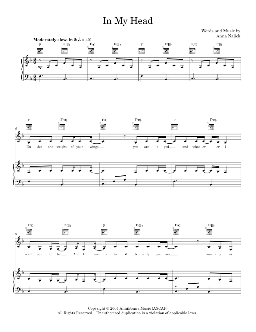 Play Official version of In my head sheet music by Anna Nalick for ...