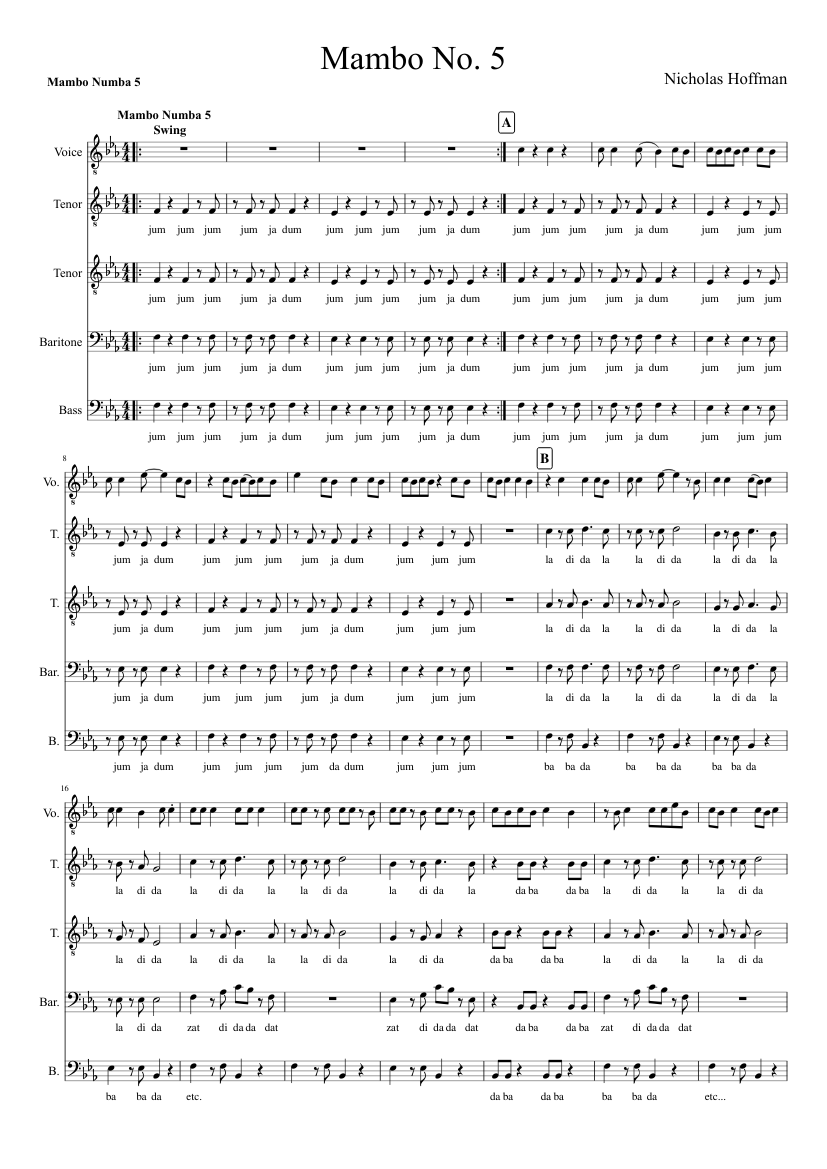 Mambo No 5 Sheet music for Bass guitar, Voice (other) (Mixed Duet ...