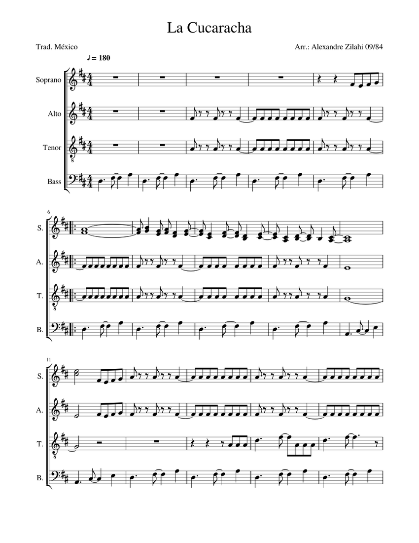 La Cucaracha Sheet music for Soprano, Alto, Tenor, Bass voice (Choral ...