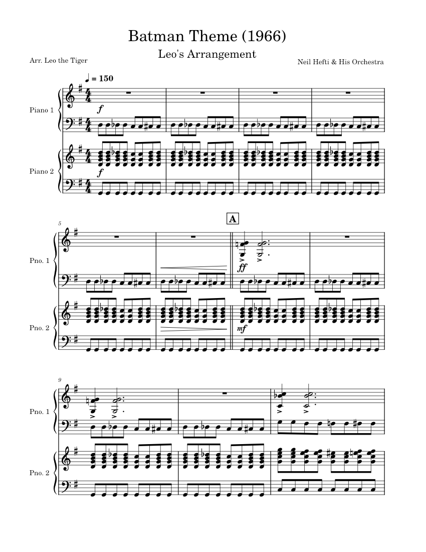 Piano Duet: Batman (1966 Theme) - Neil Hefti & His Orchestra Sheet ...