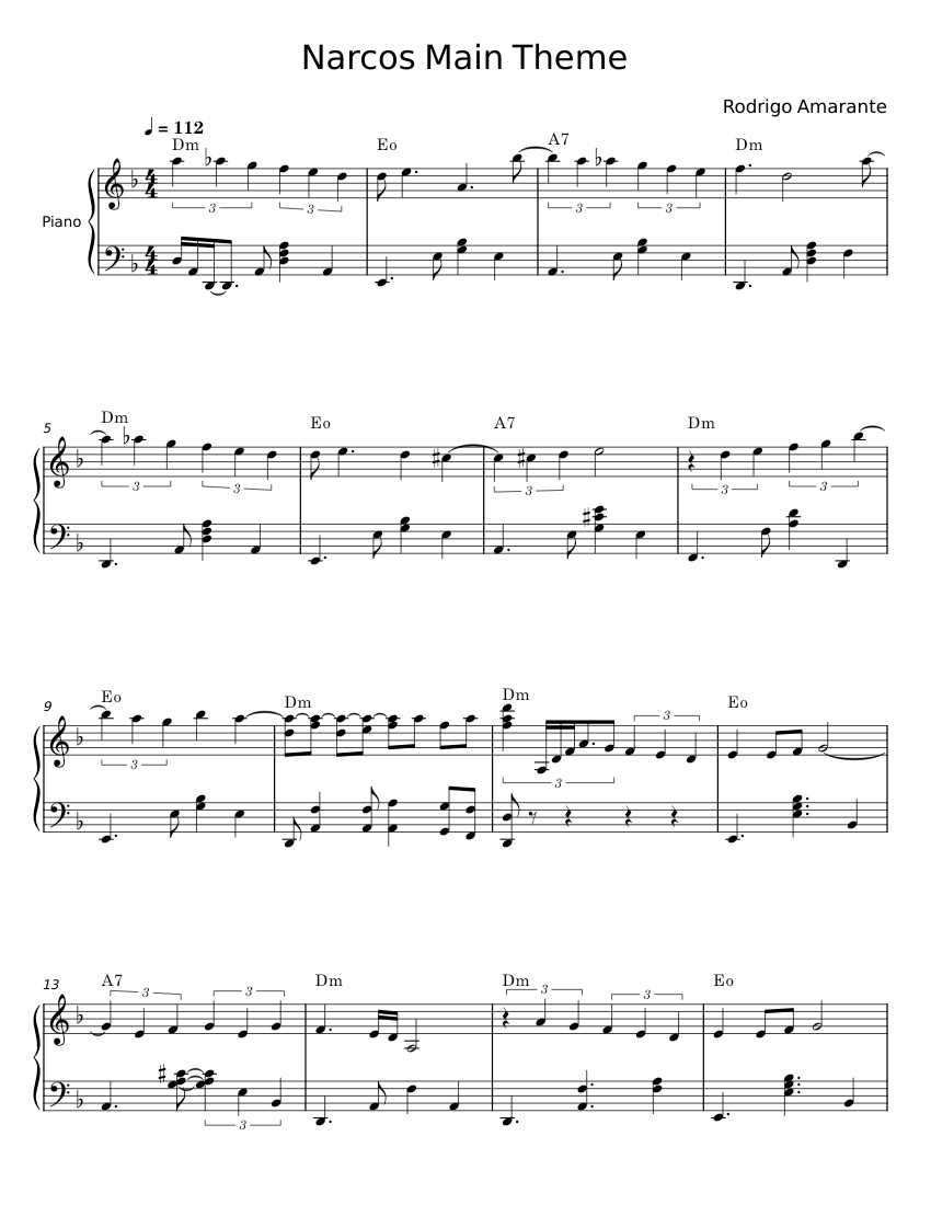 Narcos Main Theme - Rodrigo Amarante Sheet Music for Piano (Solo ...