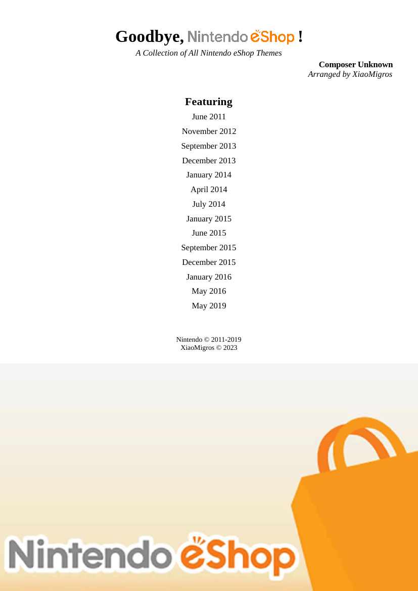 Goodbye, Nintendo eShop! - All eShop Themes, arranged for piano Sheet ...