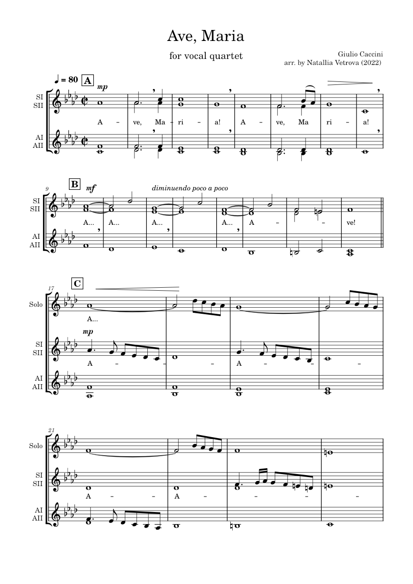 Ave Maria – Giulio Caccini (a capella for vocal ensemble) Sheet Music for Soprano, Alto, Bass ...