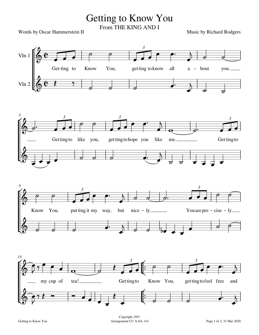 Getting to Know You Sheet music for Violin (String Duet) | Musescore.com
