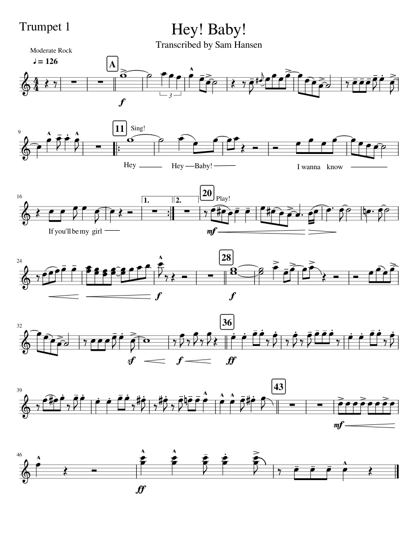 Hey! Baby! Sheet Music for Trumpet in b-flat (Solo) | MuseScore.com