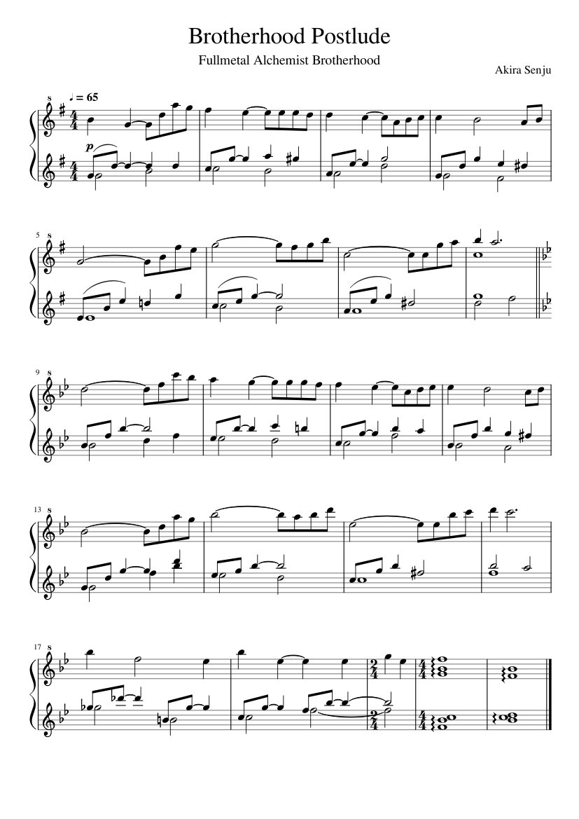 Fullmetal Alchemist Brotherhood - Brotherhood Postlude Sheet Music for ...
