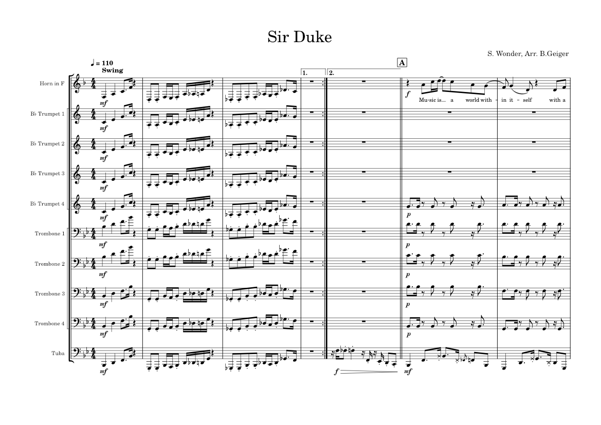 Sir Duke – Stevie Wonder Sheet Music for Trombone, Tuba, Trumpet in b ...