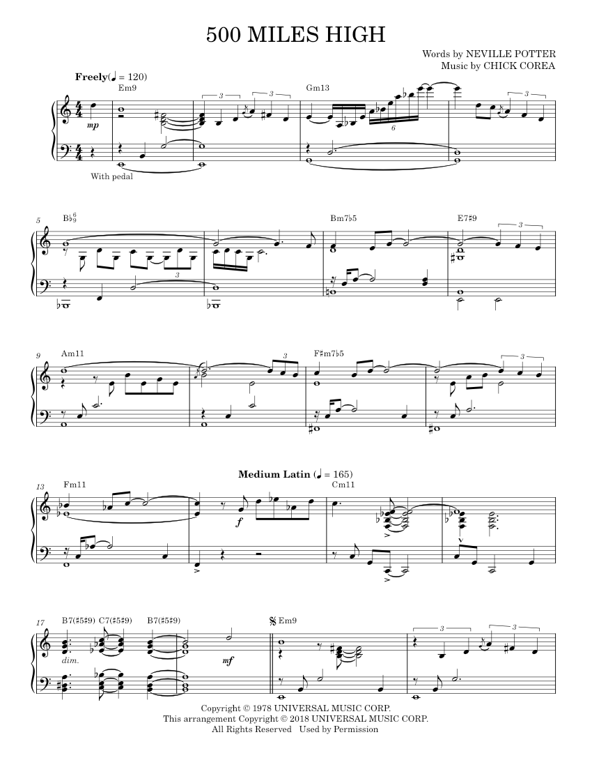 Play Official version of 500 Miles High Sheet Music by Chick Corea for ...