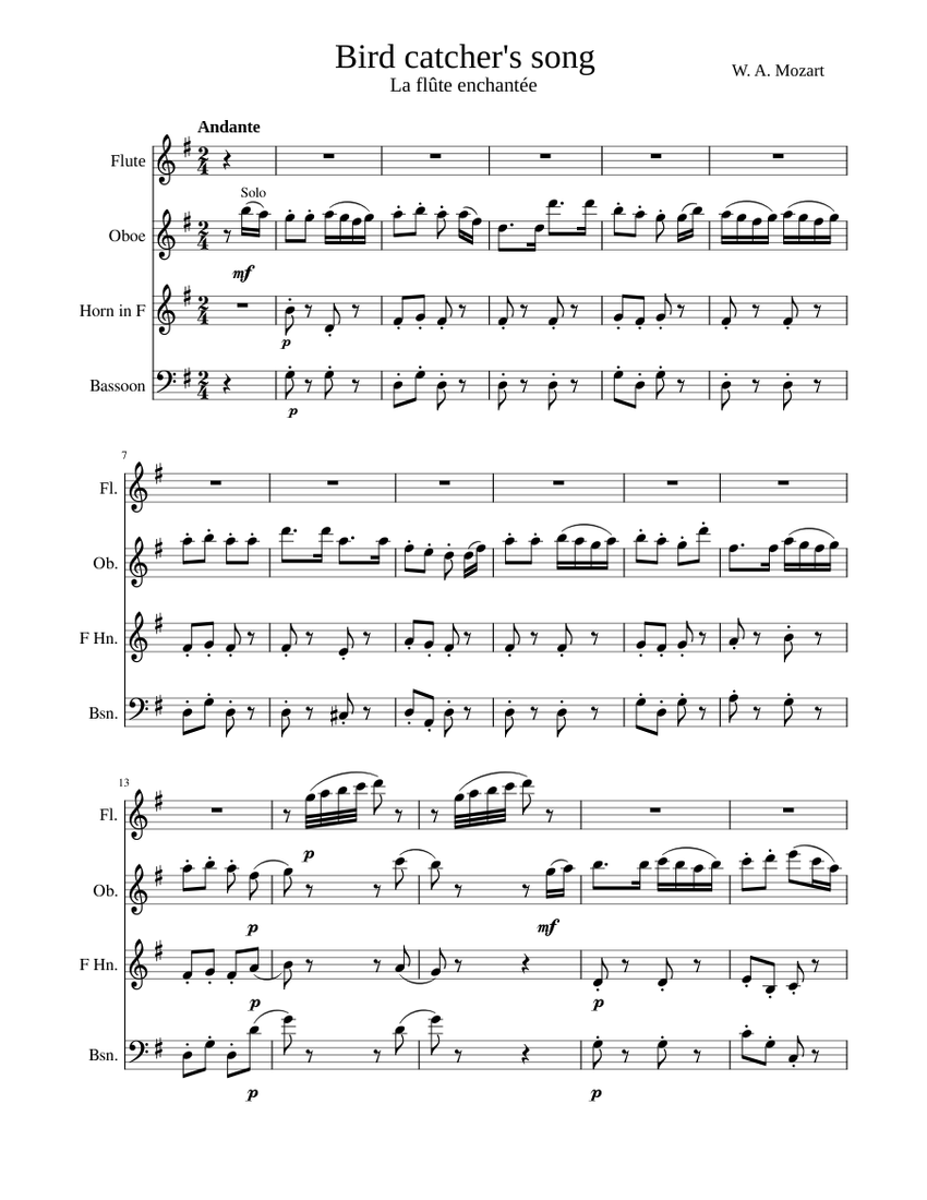 The Magic Flute Bird catcher's song K620.2 – Wolfgang Amadeus Mozart ...