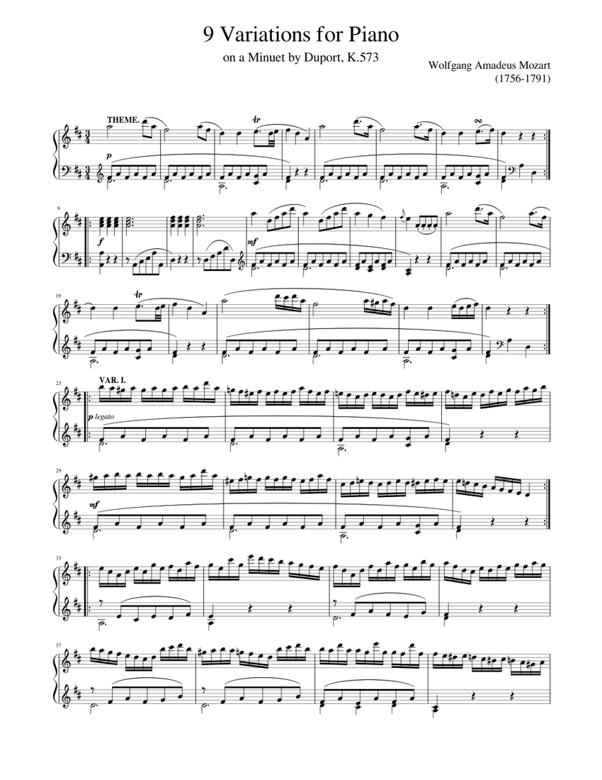 Mozart - 9 Variations for Piano K 573 Sheet music for Piano (Solo ...