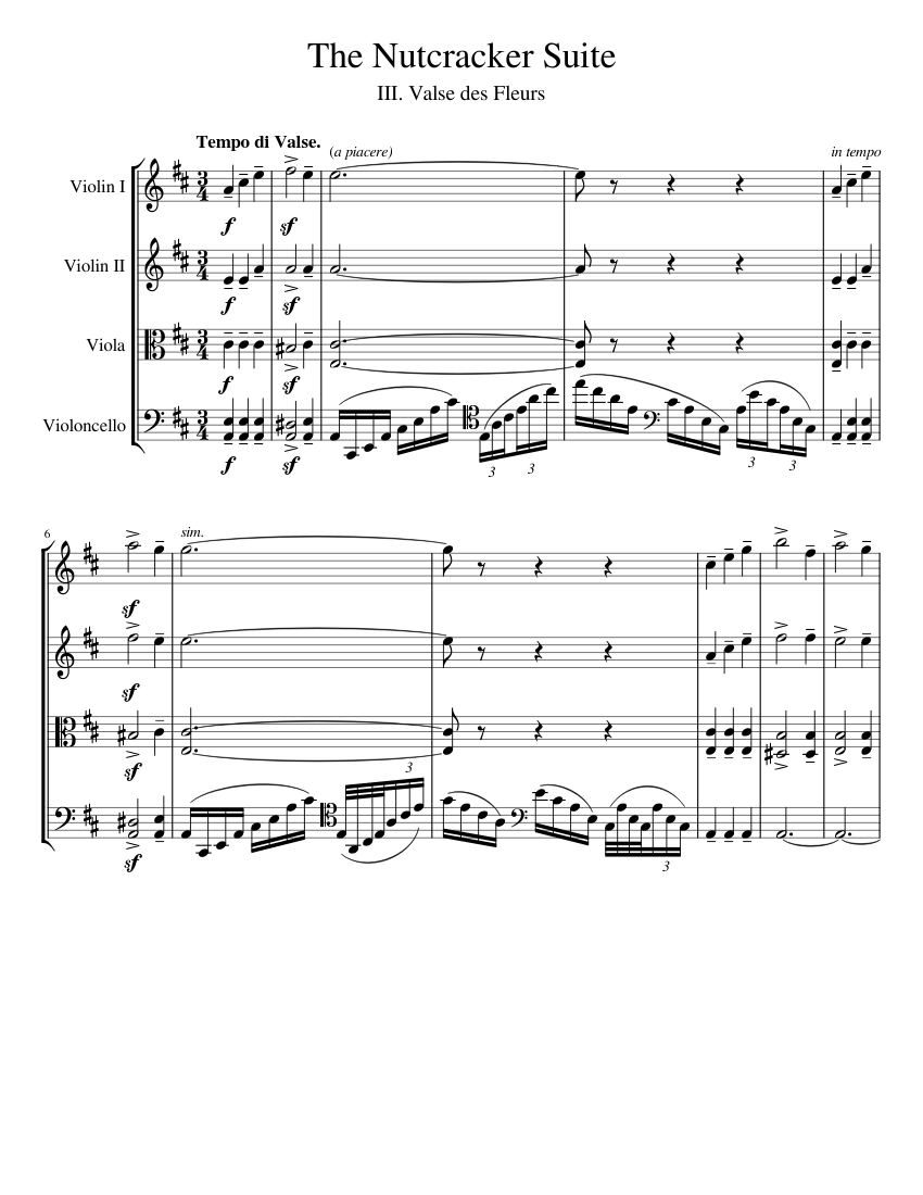 Tchaikovsky Op. 71a - The Nutcracker Suite for String Quartet - III. Valse des Fleurs Sheet ...