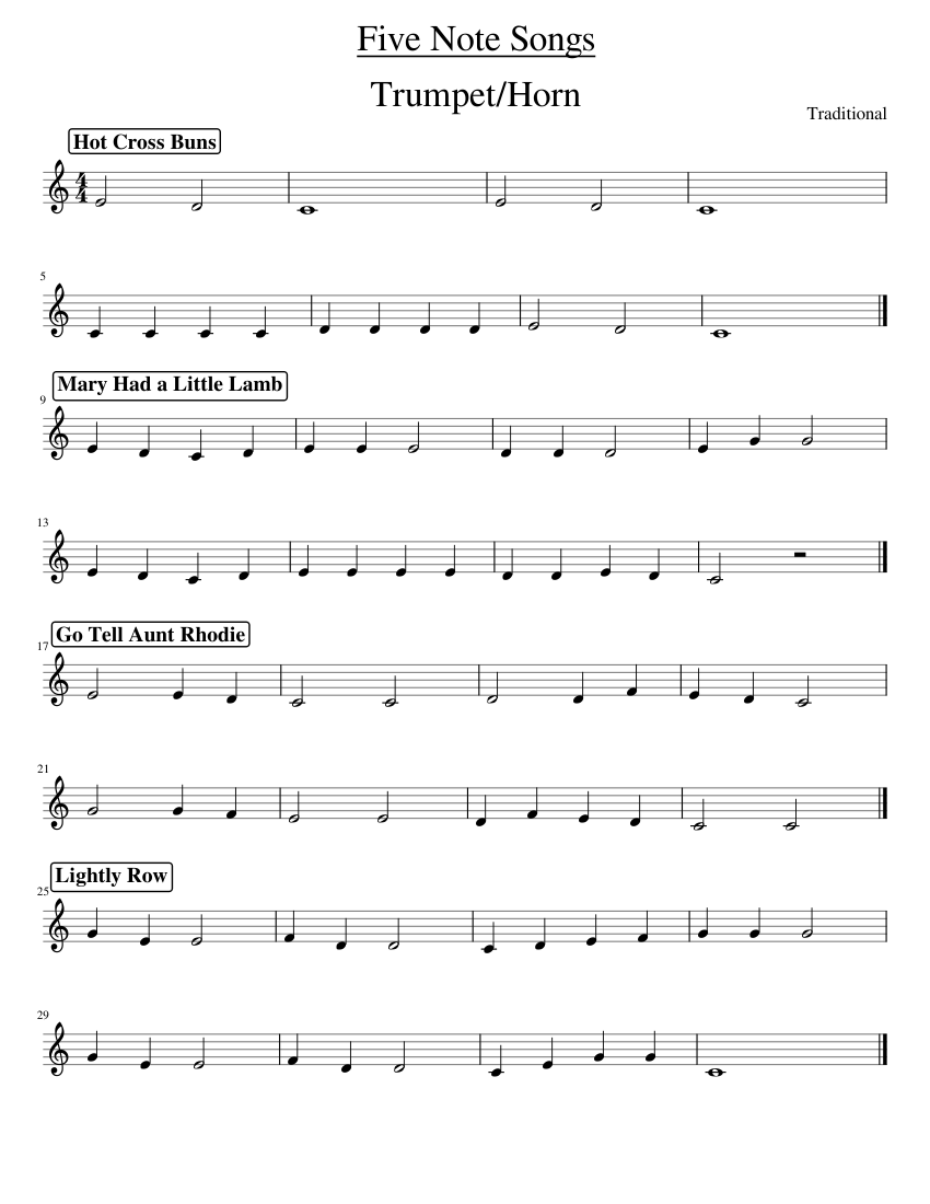 Five Note SongsTrumpetHorn Sheet music for Piano (Solo) Easy ...