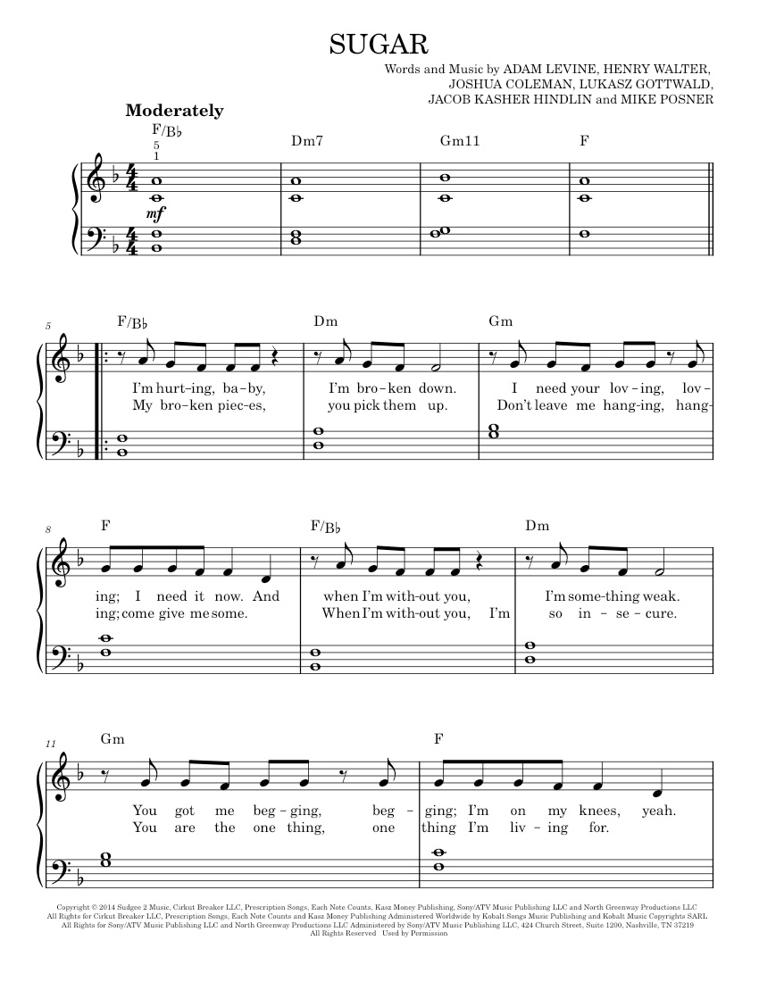 Play Official version of Sugar Sheet Music by Maroon 5 for Piano ...