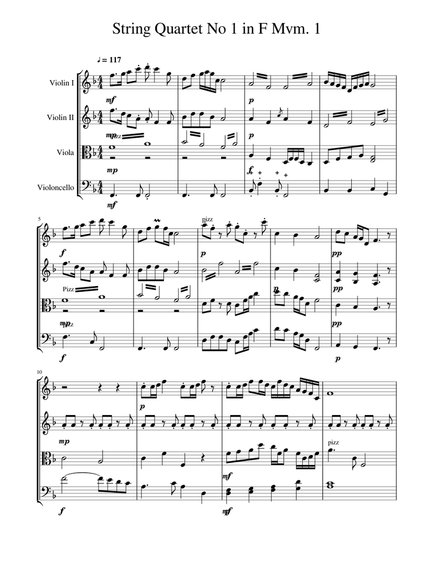 String Quartet No 1 in F Sheet music for Violin, Viola, Cello (String Quartet) | Musescore.com