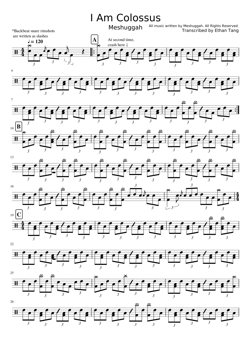 Meshuggah - I Am Colossus Drum Transcription Sheet music for Drum group ...
