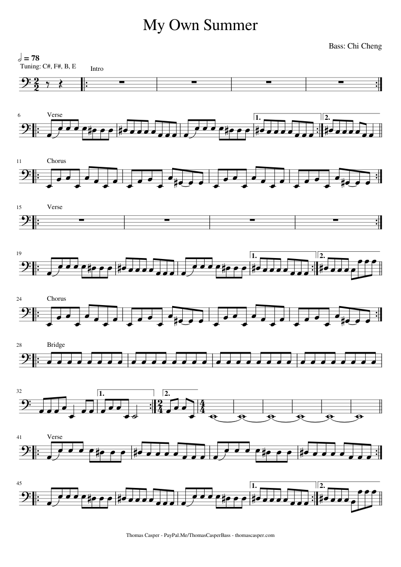 My Own Summer (Shove It) - Deftones (Bass Transcription) Sheet Music ...