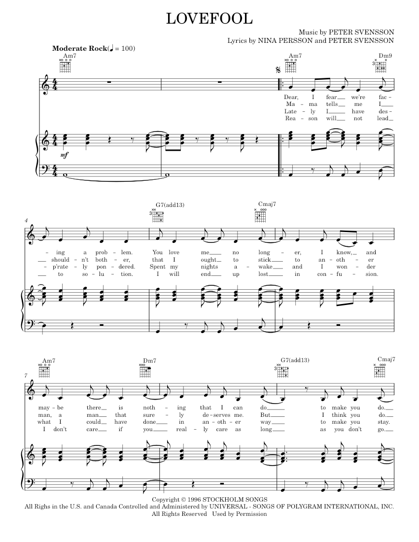 Play Official version of Lovefool Sheet Music by The Cardigans for ...