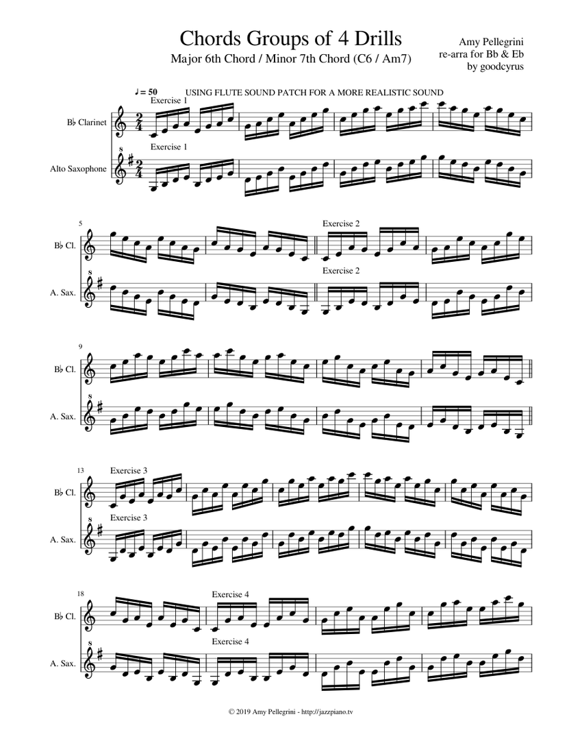Bb Eb Chords Groups of 4 Drills C6Am7 for Clarinet and Alto Sax Sheet ...
