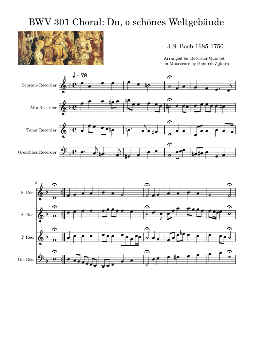 BWV 301 Bach J.S. Choral; Du, o schönes Weltgebäude, Recorder Quartet ...