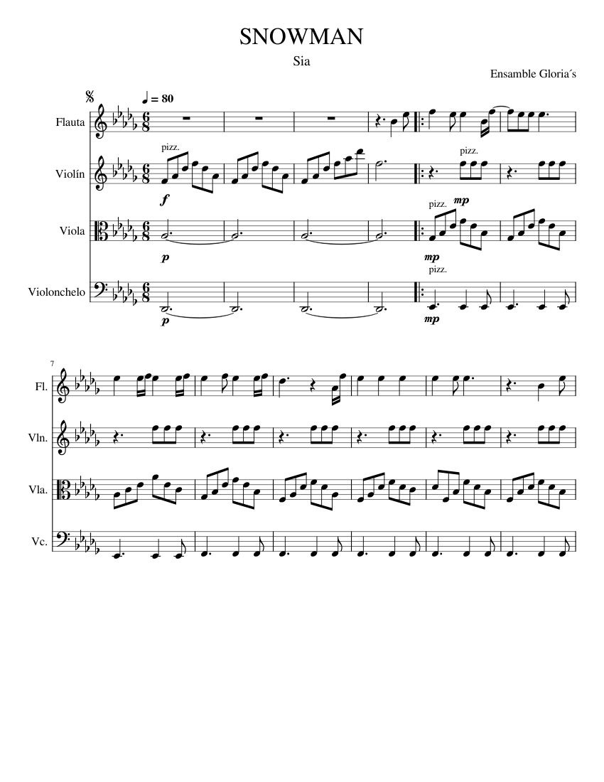 Snowman Ensambles de cuerdas y flauta Sheet music for Flute, Violin ...