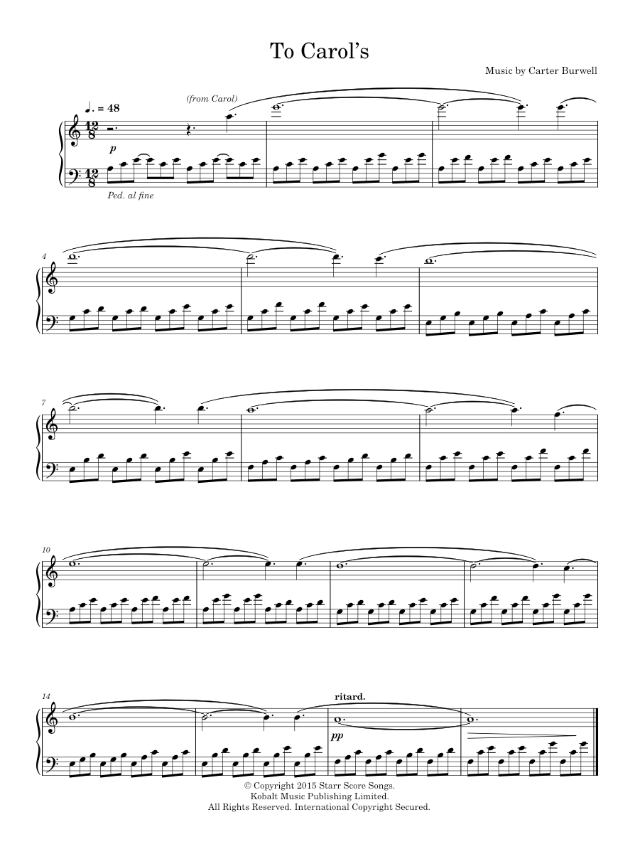 To Carol's (from 'Carol') Sheet music for Piano by Carter Burwell ...