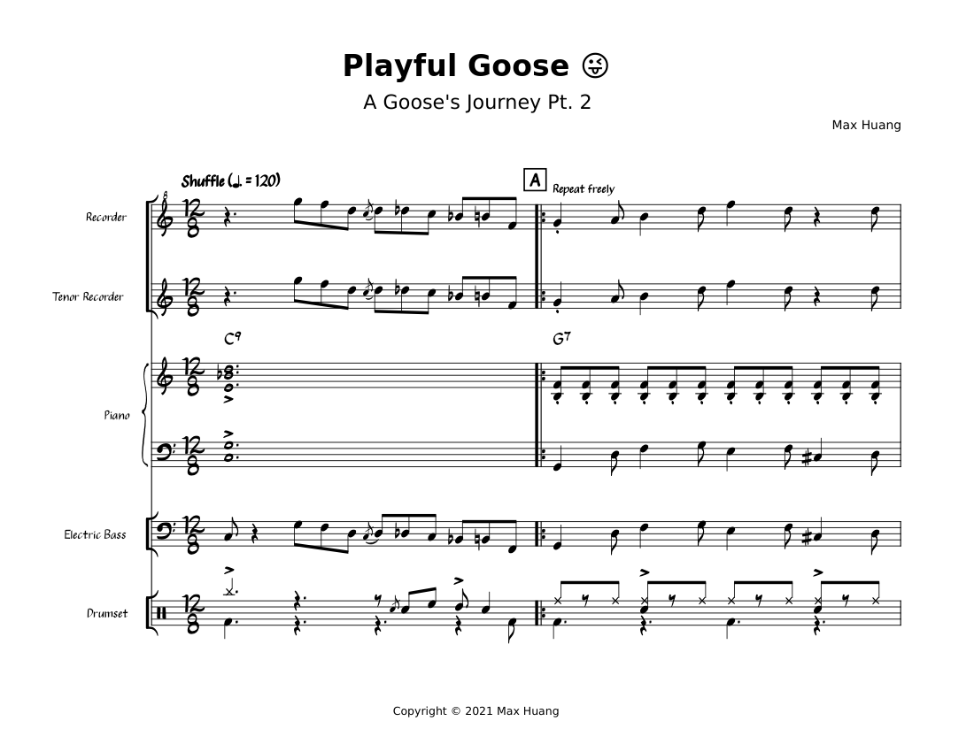 Playful Goose Sheet music for Piano, Bass guitar, Drum group, Recorder ...