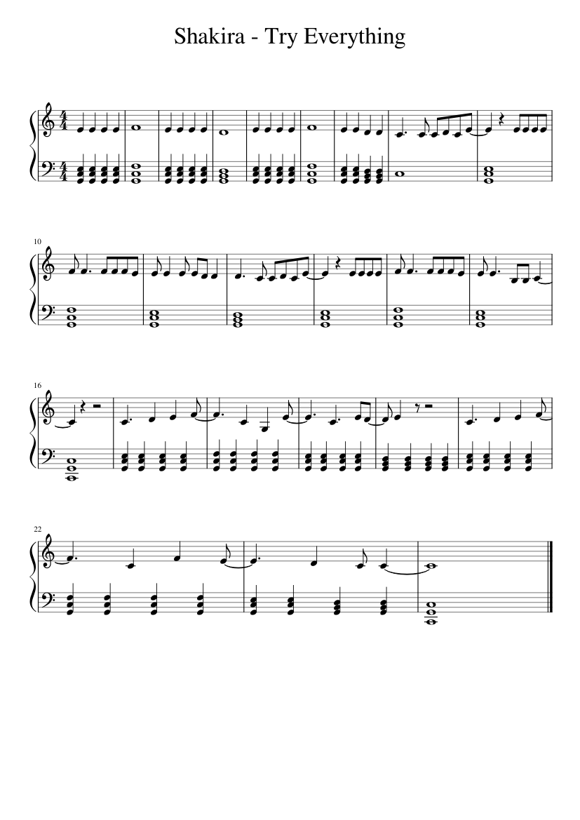 Shakira - Try Everything Sheet Music for Piano (Solo) Easy | MuseScore.com