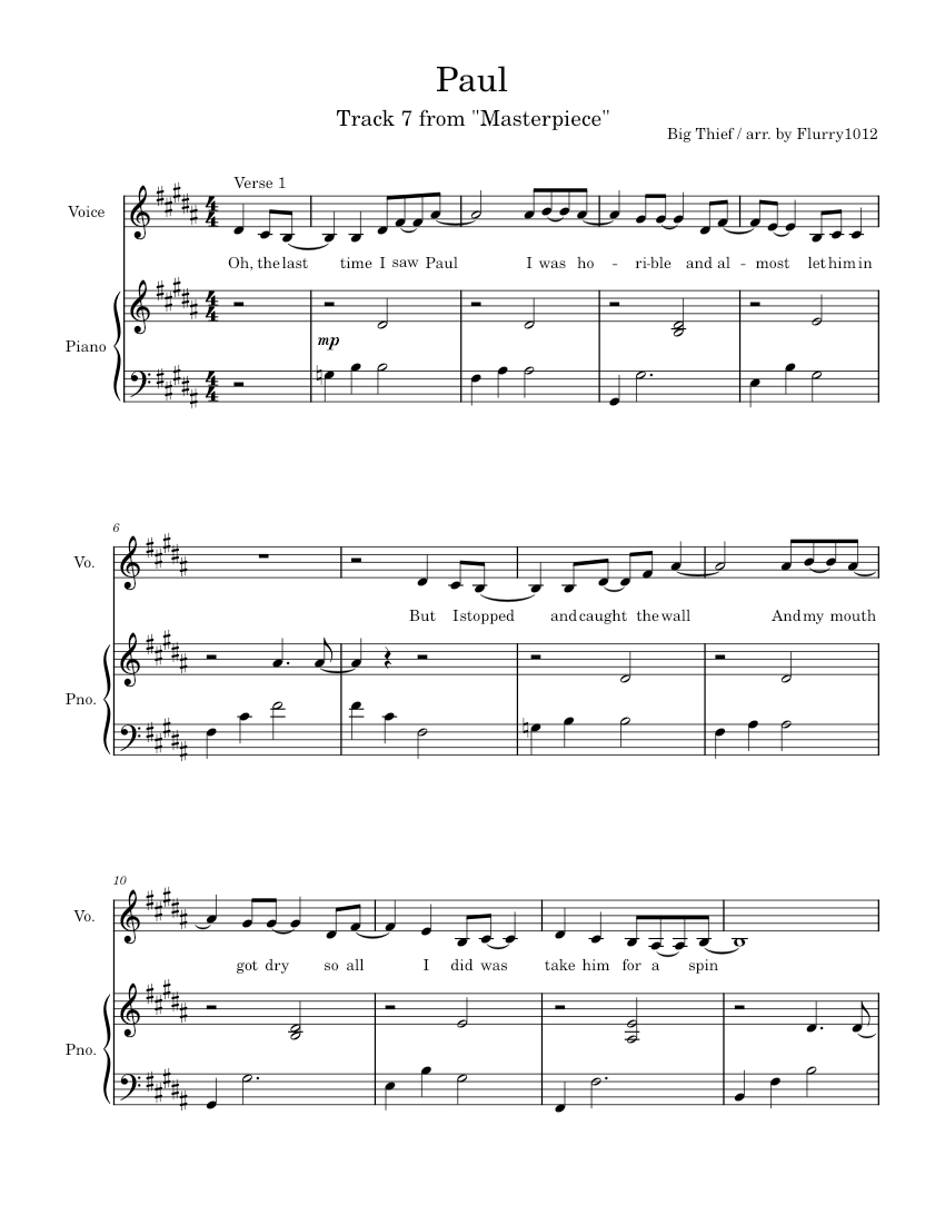 Paul – Big Thief (Piano/Vocals) Sheet Music for Piano, Voice (other ...