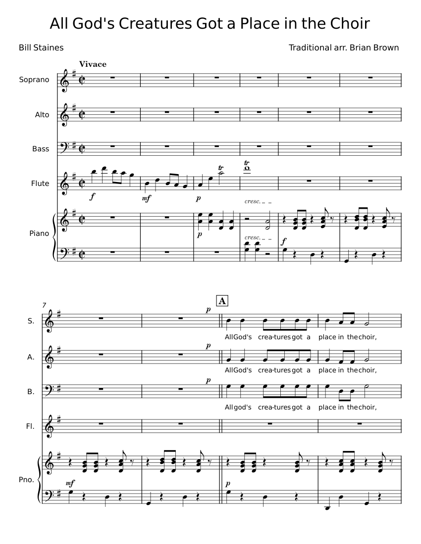 All God's Creatures Got a Place in the Choir – Bill Staines Sheet Music ...