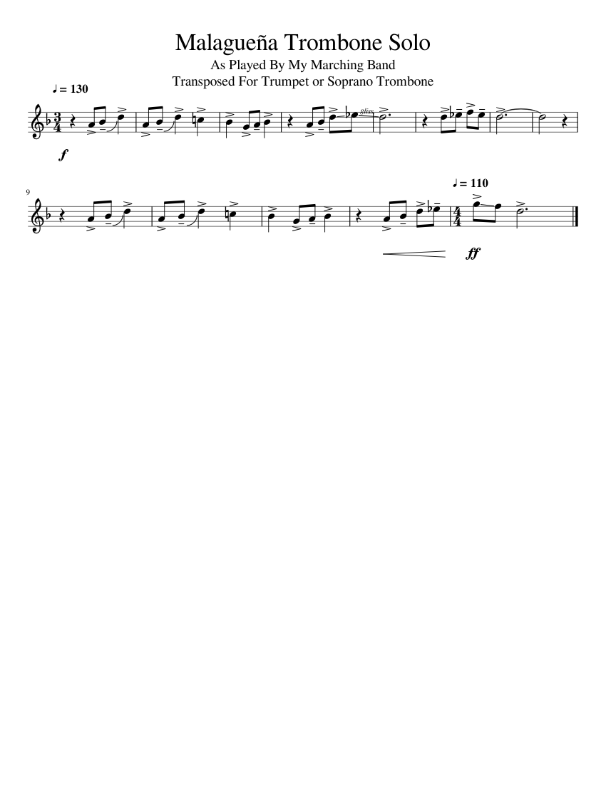 Malagueña Trombone Solo - Transposed for Trumpet or Soprano Trombone ...
