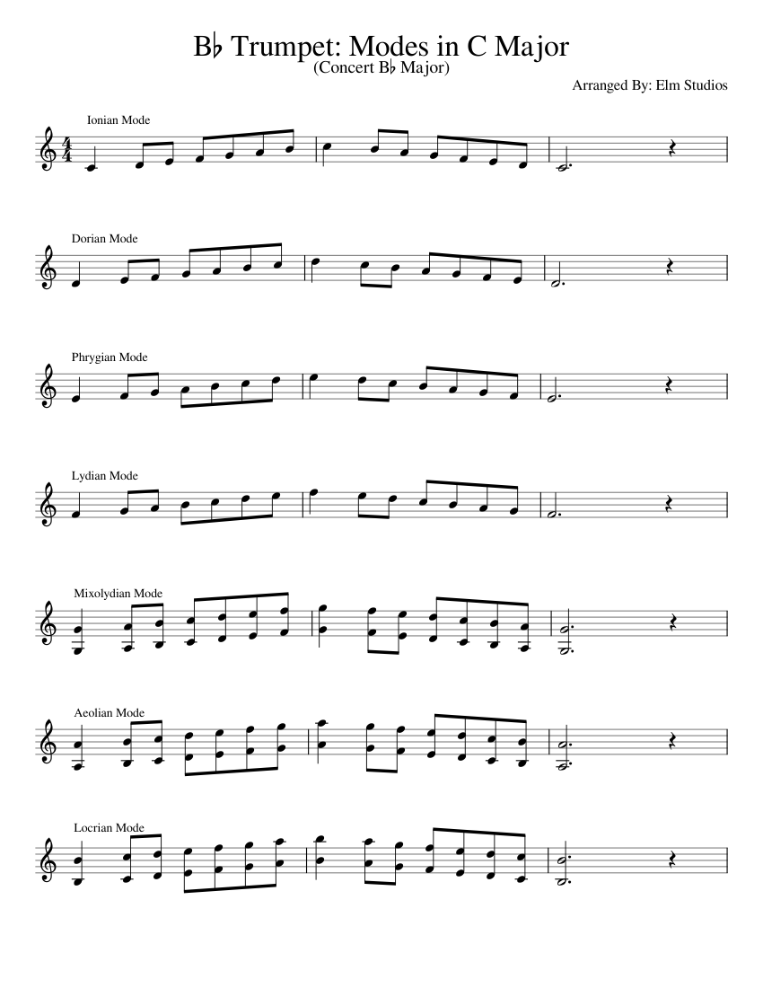 B♭ Trumpet: Modes in C Major Sheet music for Trumpet in b-flat (Solo ...