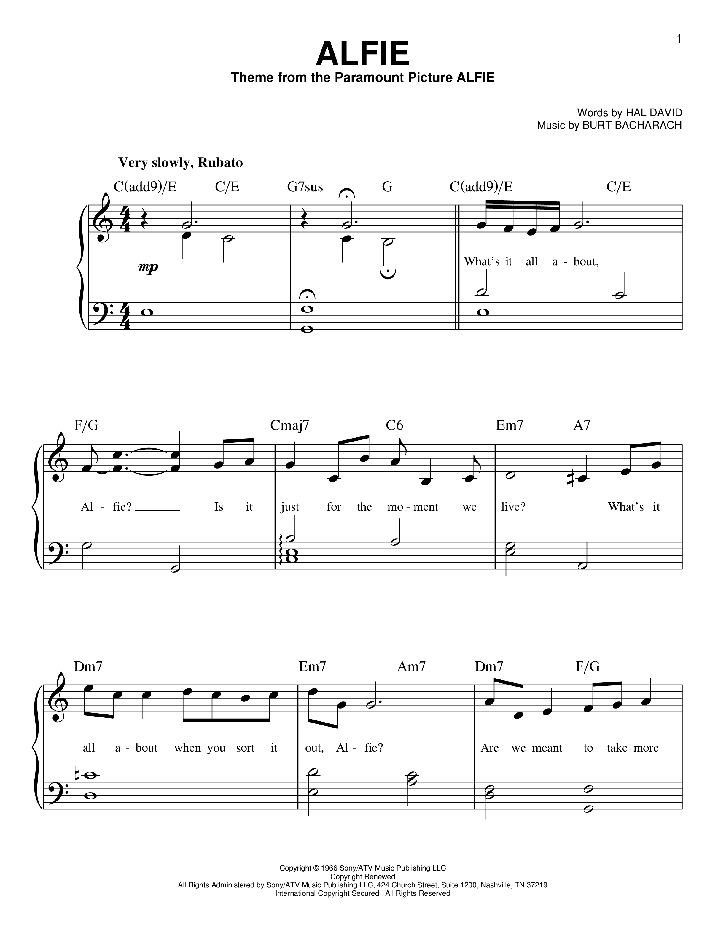 Alfie Sheet music for Piano by Bacharach & David, Cher, Dionne Warwick ...