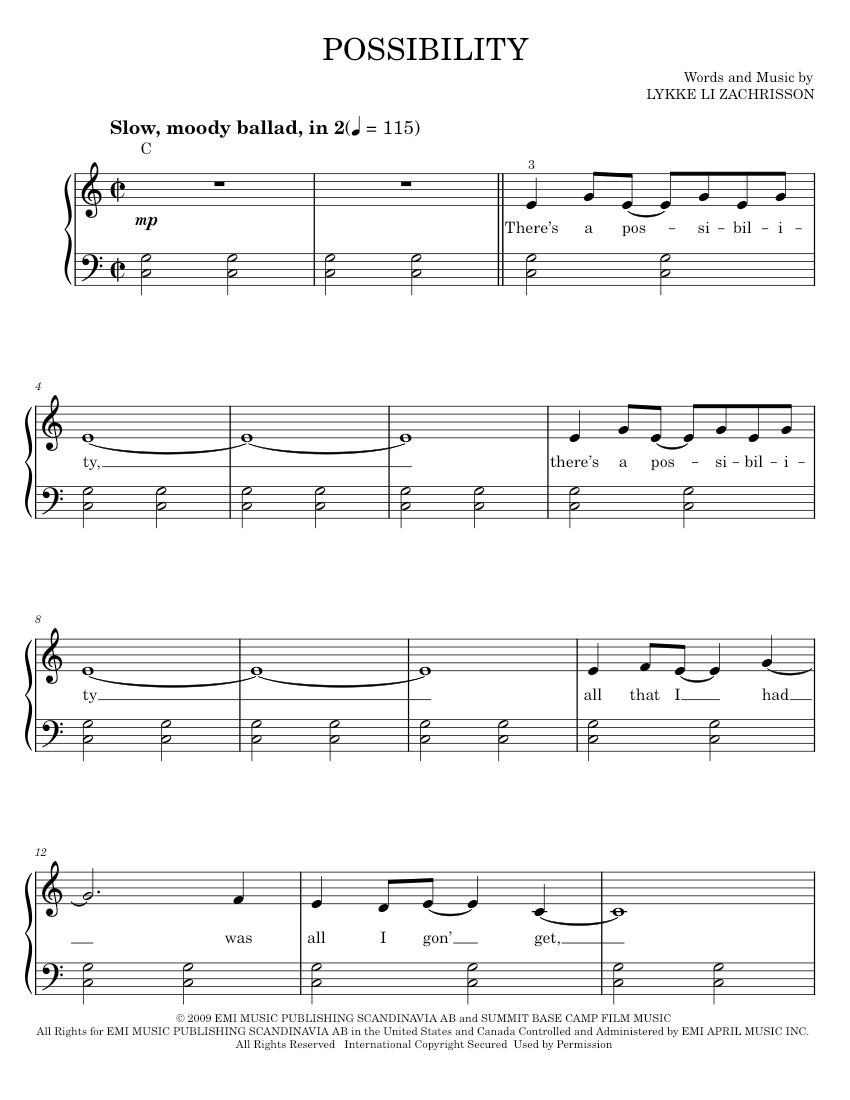 Play Official version of Possibility Sheet Music by Lykke Li for Piano ...