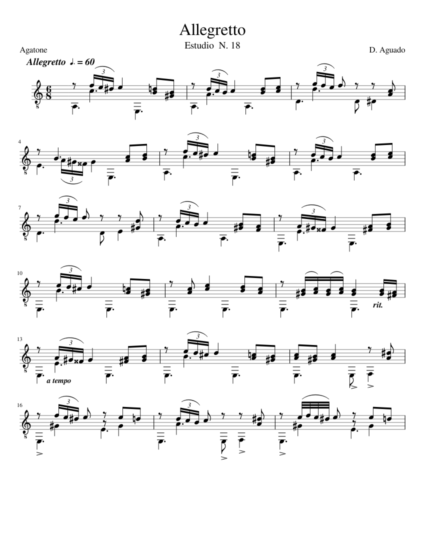 D. Aguado Studio N.18 (Metodo) Allegretto Sheet music for Guitar (Solo ...
