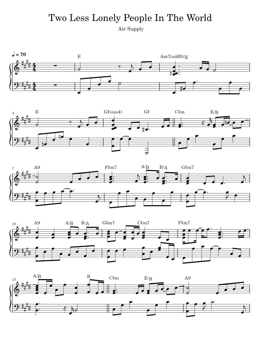 Two less lonely people in the world - Air Supply Sheet Music with ...