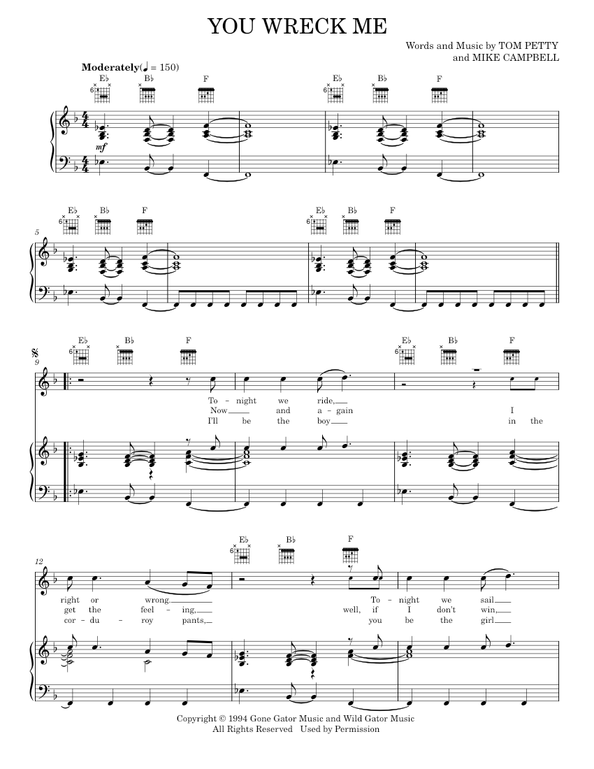you wreck me Sheet music for Piano, Vocals by Tom Petty Official ...