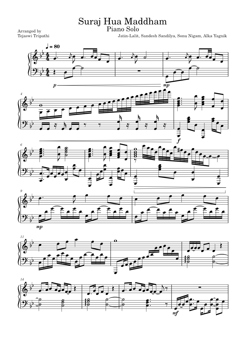 Suraj Hua Maddham – Jatin-Lalit (K3G OST) Sheet Music for Piano (Solo ...