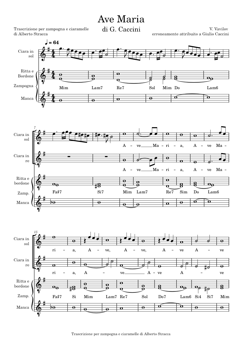Ave Maria – Giulio Caccini per zampogna e ciaramelle Sheet Music for ...