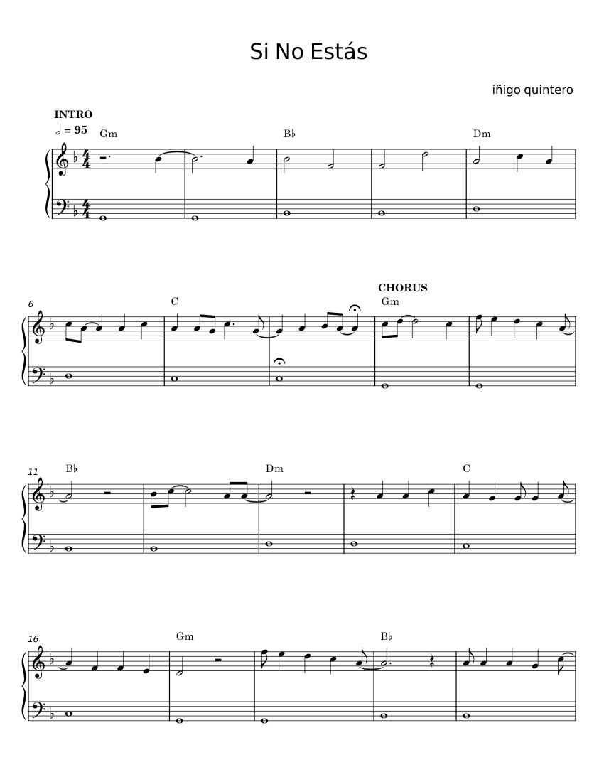 Si No Estás – Inigo quintero Sheet Music for Piano (Solo) Easy ...
