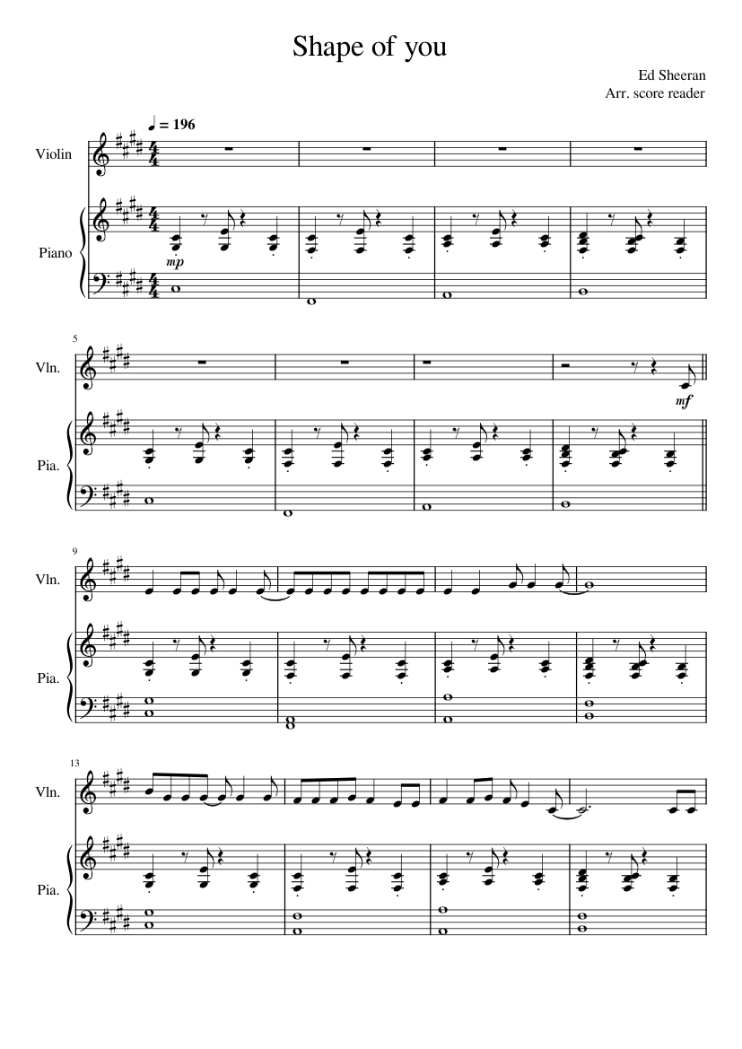 Shape of you - Ed Sheeran Sheet Music for Piano, Violin (Solo ...