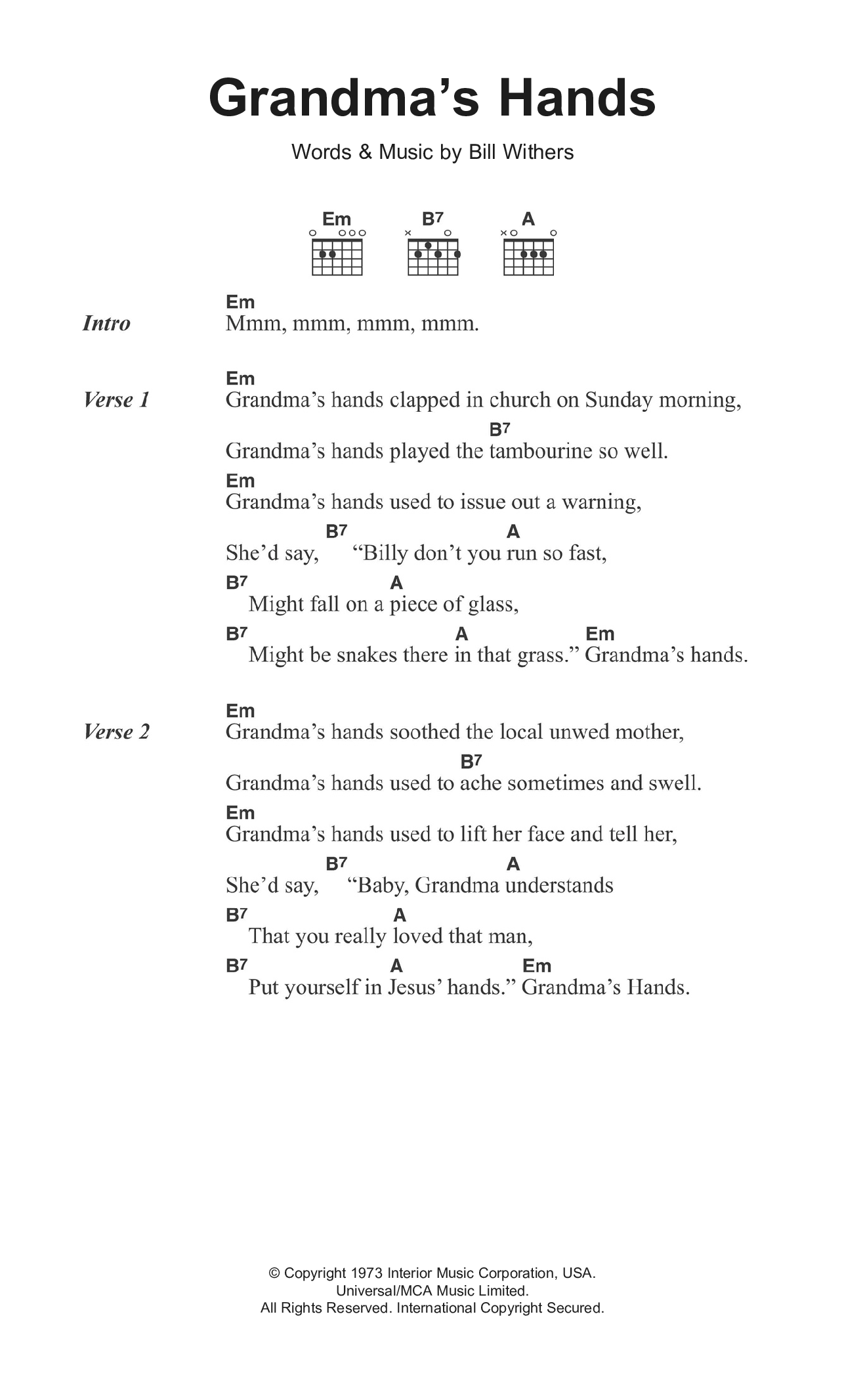 Play Official version of Grandmas hands sheet music by Bill Withers for ...