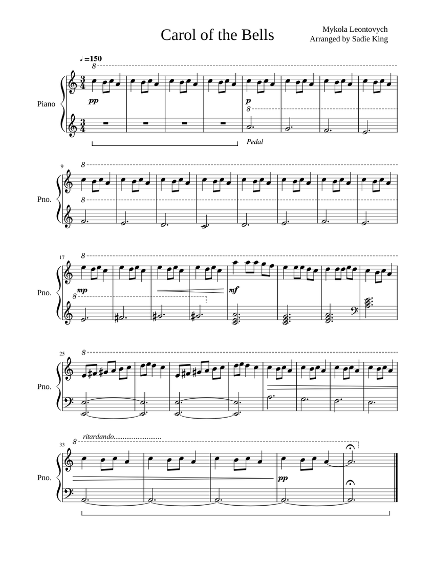 Carol of the Bells - Easy Piano Sheet music for Piano (Solo ...